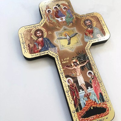 18cm HOLY TRINITY Orthodox Icon Crucifix CROSS Gold Foil Wooden Wall ...