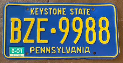 Pennsylvania 2001 KEYSTONE STATE License Plate NICE QUALITY # BZE-9988 ...