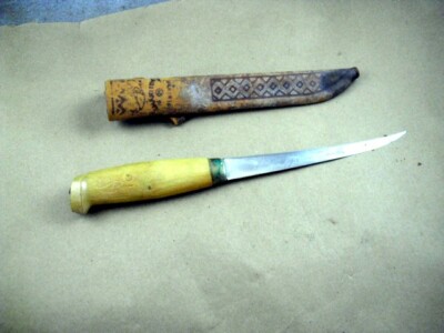 Vintage whale/whaling signed Knife wood Handle signed Leather Sheath ...