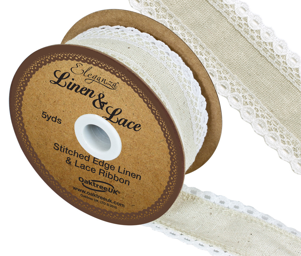 Linen And Lace Stitched Edge Ribbon By Eleganza 50mm x 5 Yards In White ...