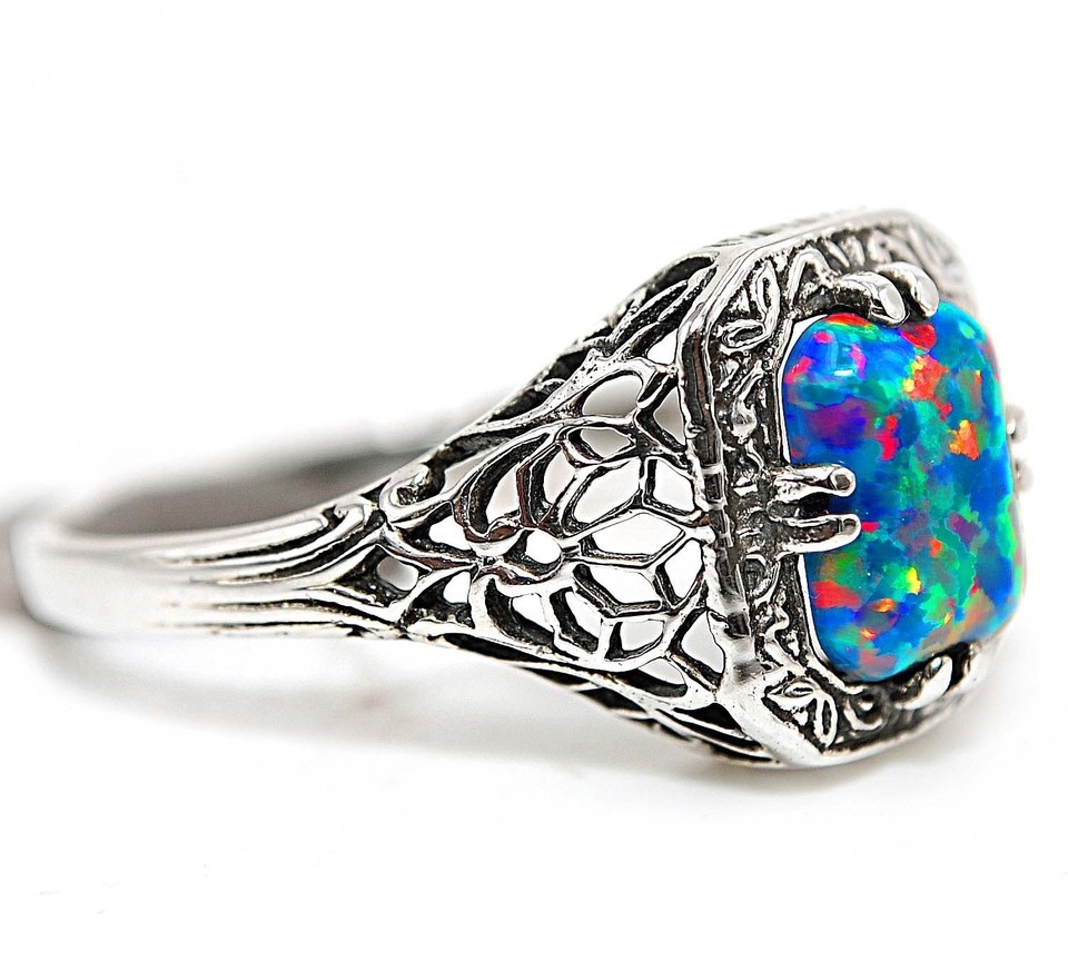 3CT Blue Fire Opal 925 Sterling Silver Edwardian Style Ring Sz 8 F9-5 ...