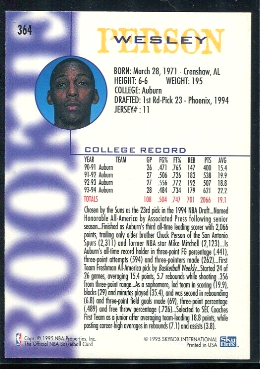 1995 Sky Box Rookie Wesley Person #364 Phoenix Suns | eBay