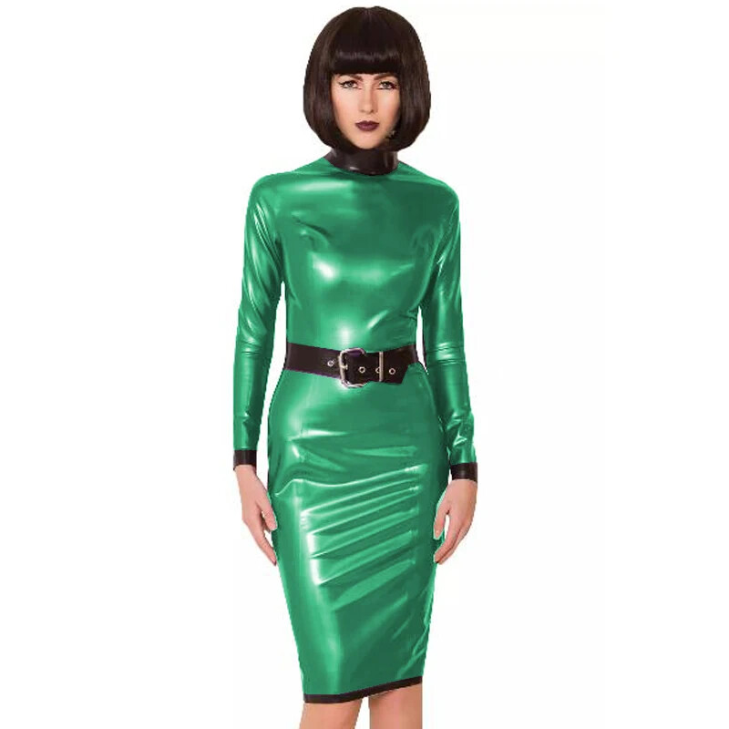 Women Sexy PVC Long Sleeve Clubwear Bodycon Dress with Belt Faux ...