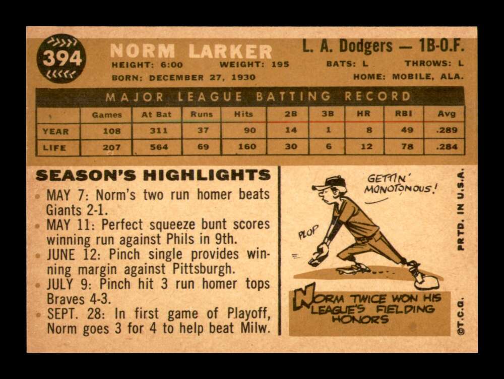 1960 Topps Norm Larker #394 Los Angeles Dodgers White Back NM Near Mint ...