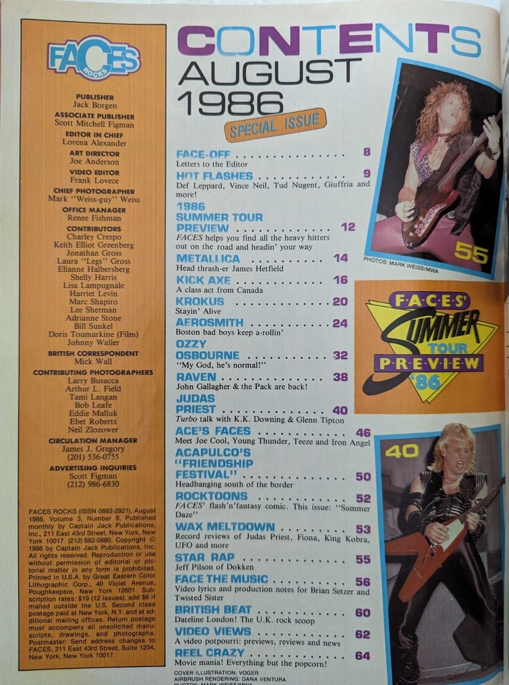 Faces Rocks Magazine August 1986 Metallica, Van Halen, Priest, Twisted ...