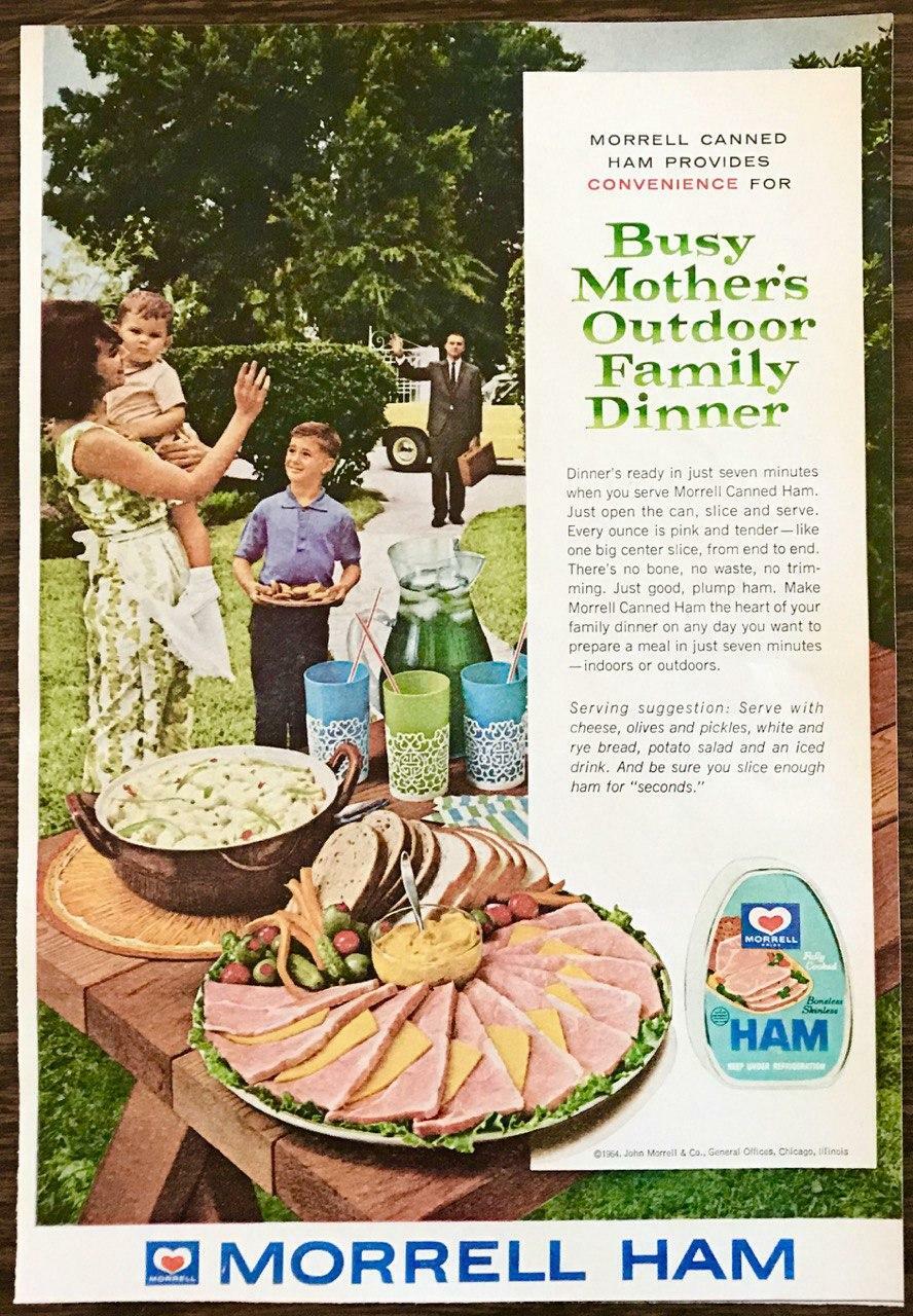 1964 Morrell Ham Print Ad Busy Mother's Outdoor Family Dinner | eBay