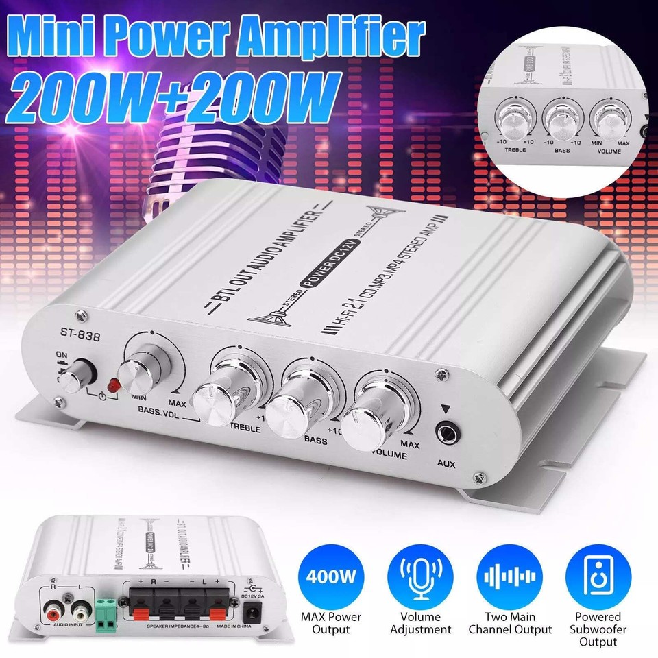 Silver Power Amplifier 400W 12V 2.1Channel Powerful Stereo Audio HiFi ...