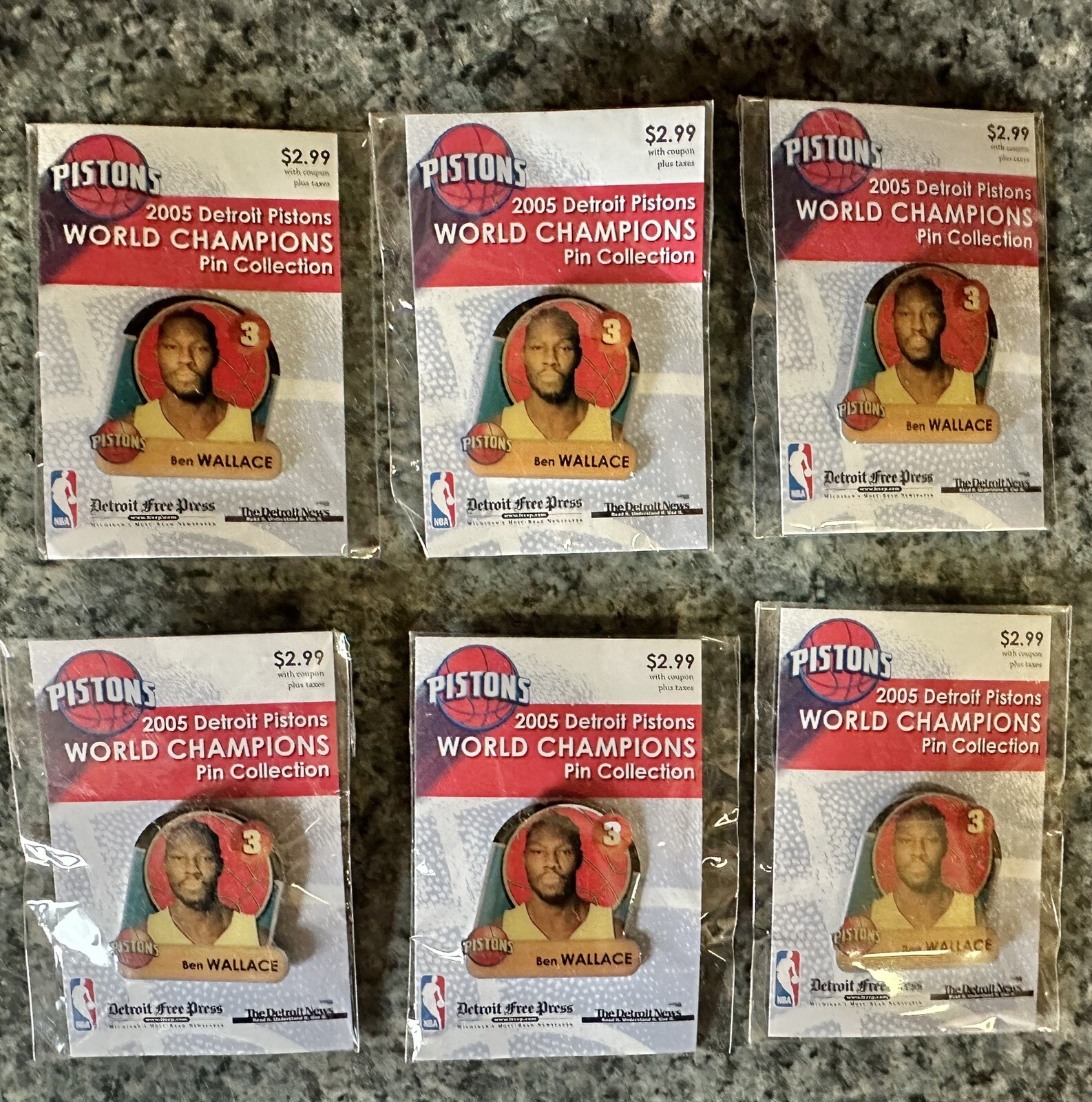 6 Unopened 2005 NBA Detroit Piston Basketball Champion Pins Ben Wallace ...