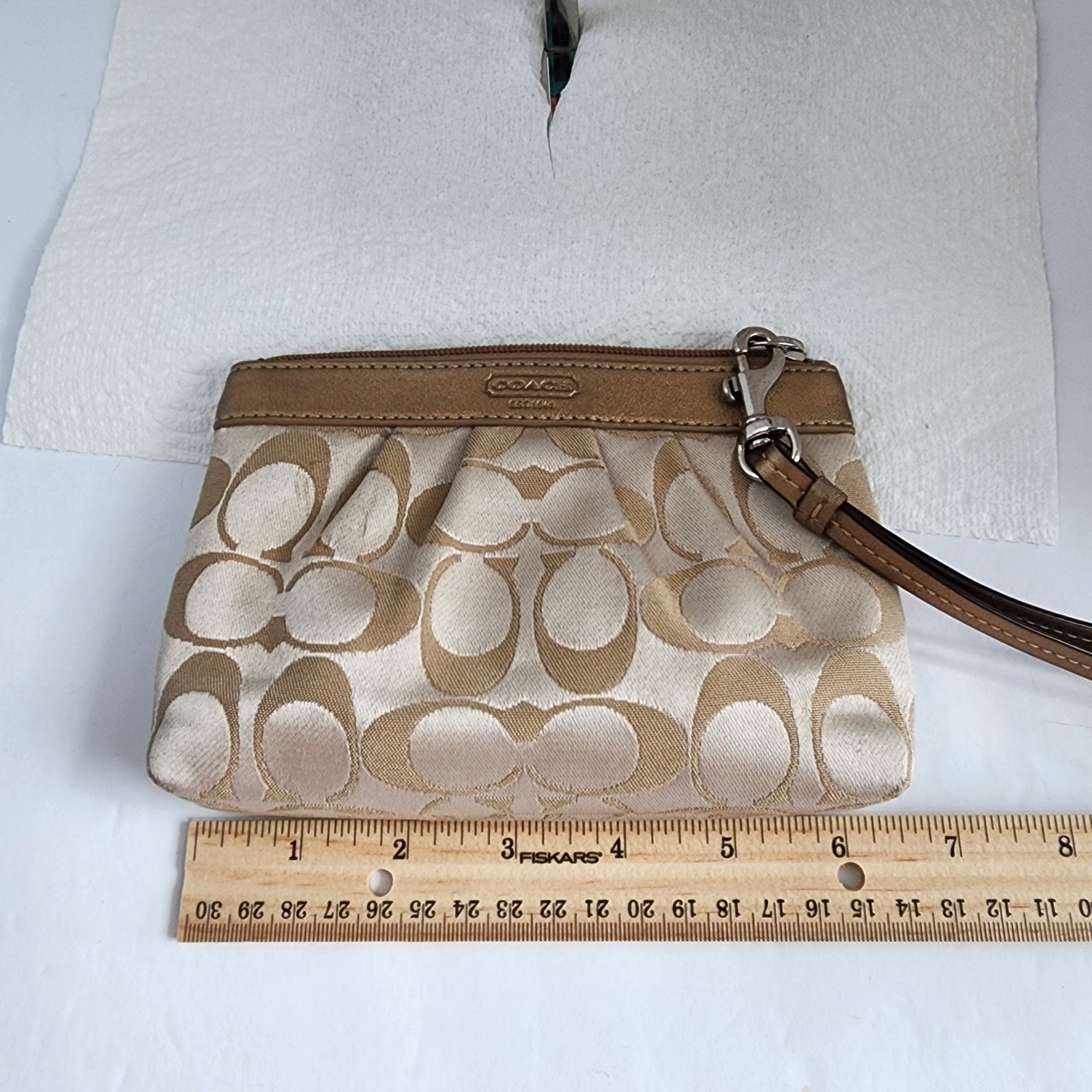 Coach Wristlet Signature Gold Beige Fabric & Leather Handbag Blue Satin ...