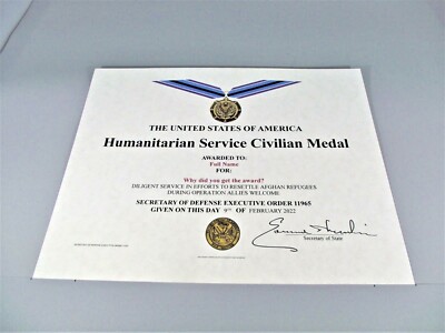 Humanitarian Service Medal Certificate (Civilian) | eBay