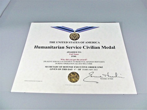 Humanitarian Service Medal Certificate (Civilian) | eBay
