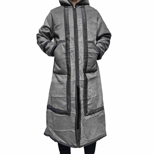 Winter Grey Hooded Suede Faux Fur Long Sleeves Cape Overcoat Jacket ...