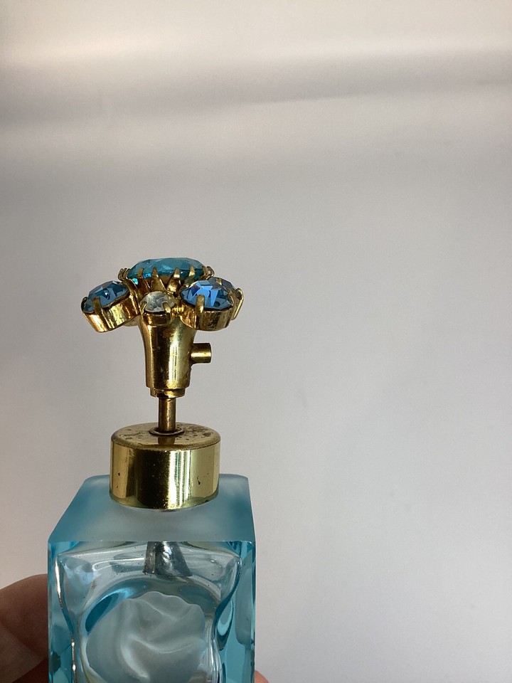 Perfume Bottle Vintage Aqua Blue Glass, Jeweled Glass Top, West Germany ...