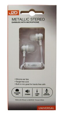 J2D Metallic Stereo Wired Earbuds with Microphone White Universal *New ...