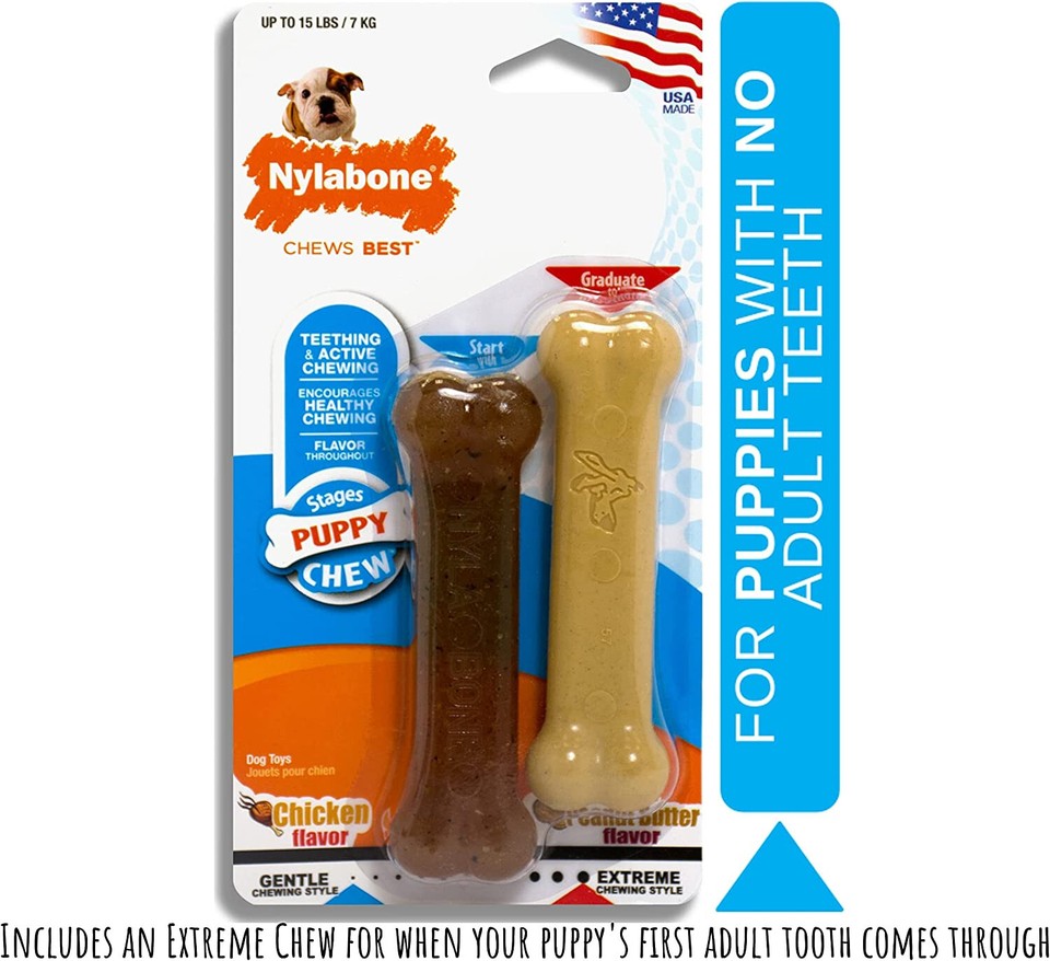NYLABONE TWIN PACK PUPPY GENTLE NYLON CHEW TOYS PEANUT BUTTER & CHICKEN ...
