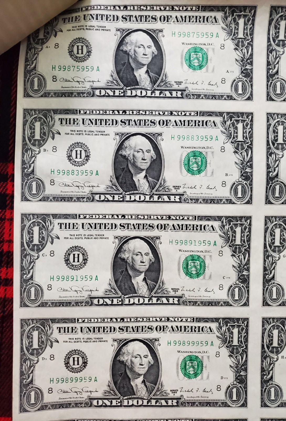 Uncut Currency Sheet of 16 Notes $1 Dollar Bills 1988A US Uncirculated ...