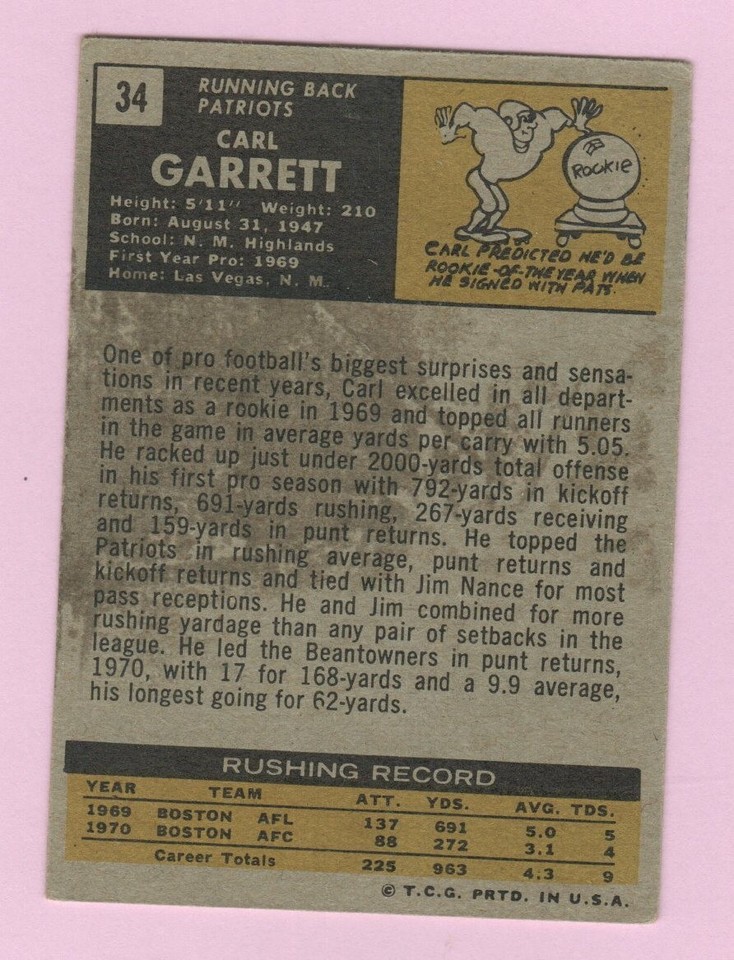 1971 Topps Carl Garrett #34 Boston Patriots (E5) | eBay