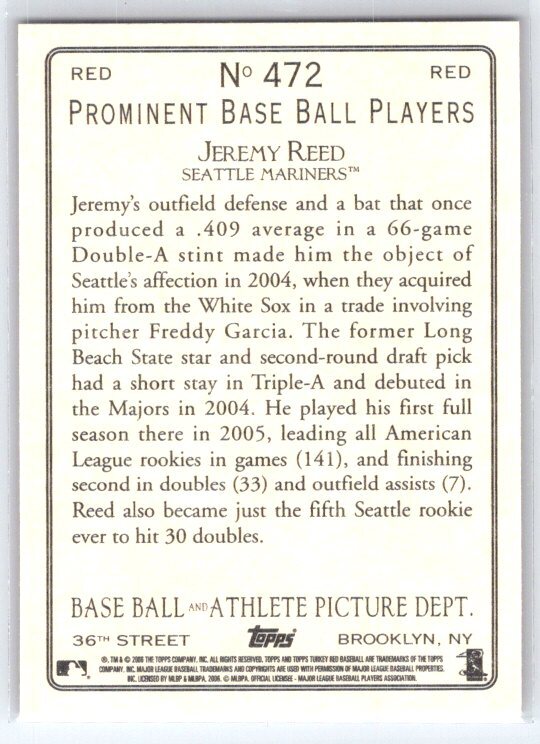 2006 Topps Turkey Red Jeremy Reed #472 Red Seattle Mariners | eBay