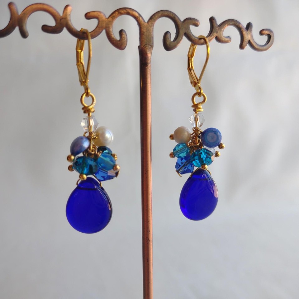 Handmade Bauble Gem / Glass / Pearl Mix Gold Tone Chandelier Earrings ...