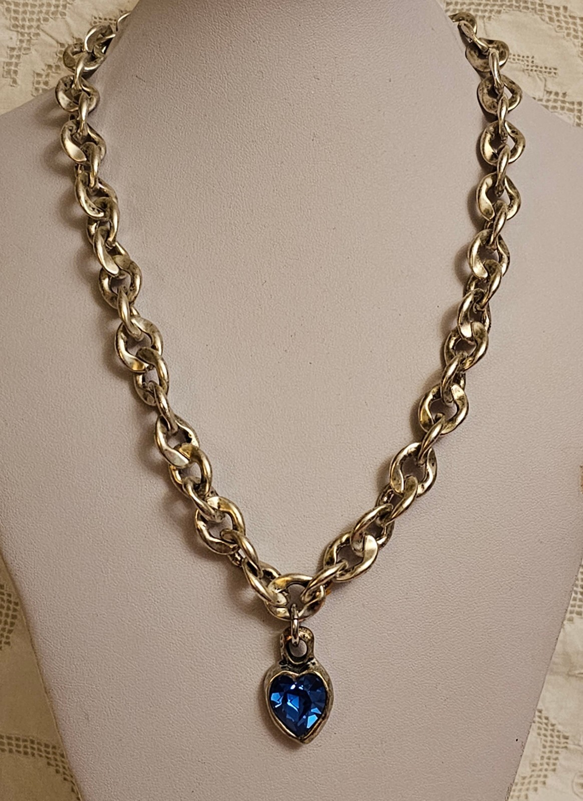 Vintage POLD DESIGN Blue Crystal Heart Pendant Silver… - Gem