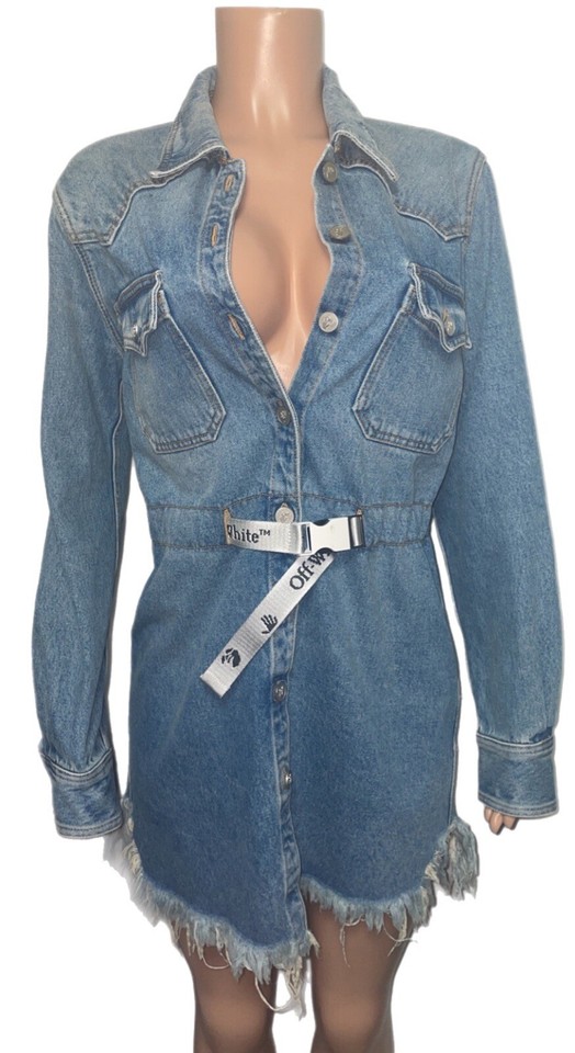 Off White Snap Close Denim Boxy Jacket Dress Sz 40 Celebrity Belted ...