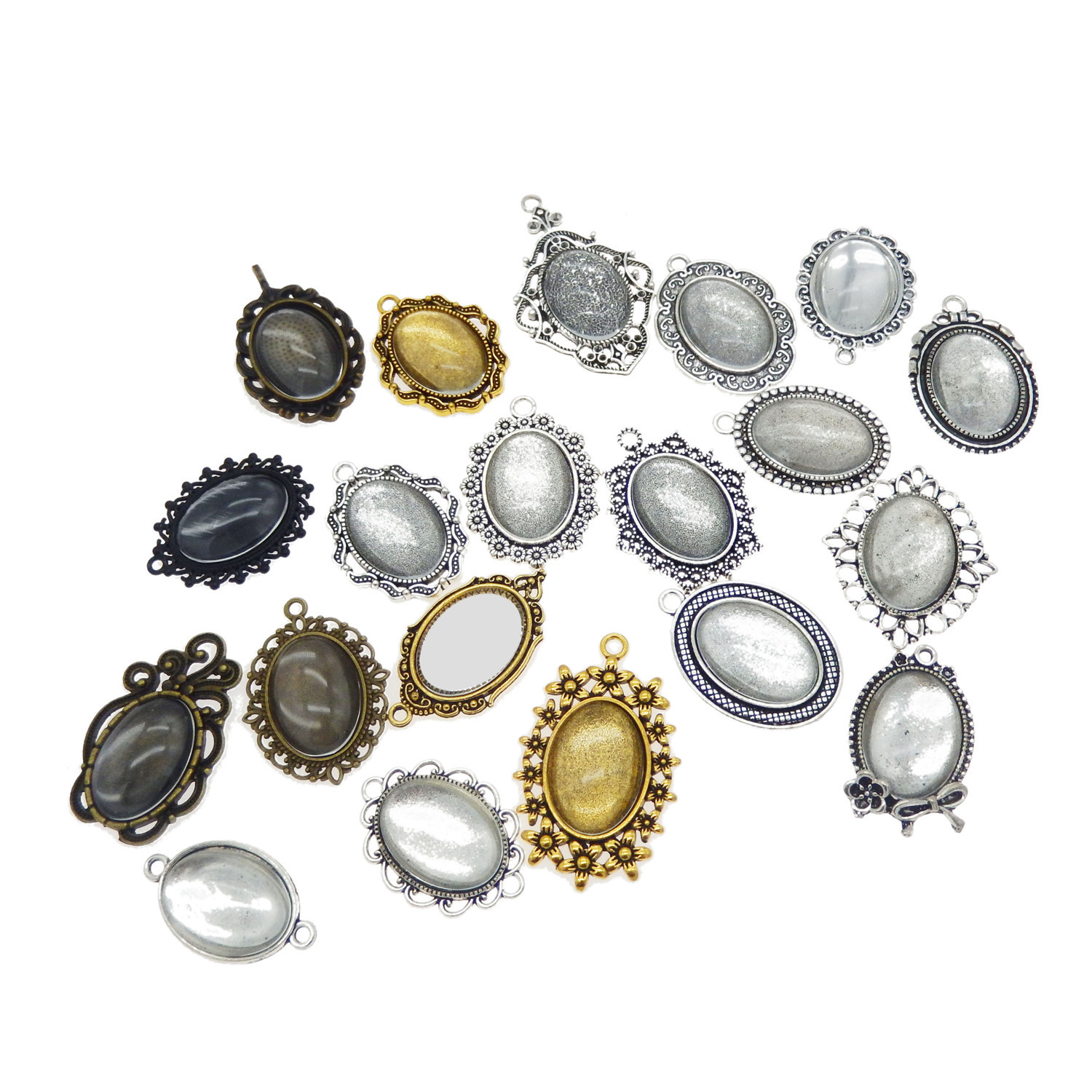 10 sets Mix Lot Vintage Metal Alloy Glass Cabochon Bezels Setting Tray ...