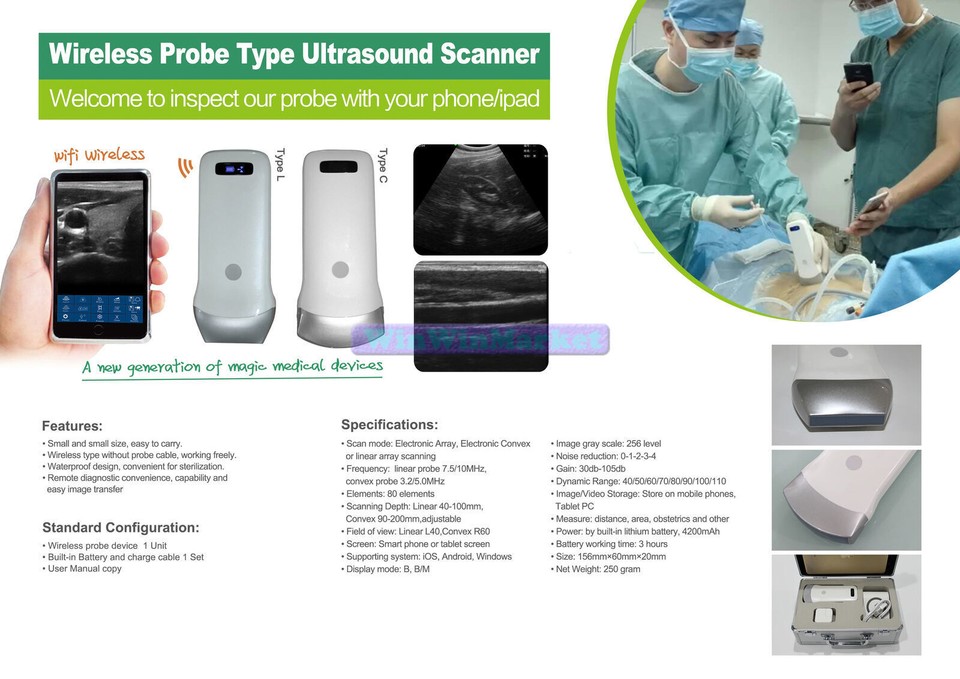 128E Wireless Ultrasound Probe Scanner WIFI Support iOS Android Windows ...