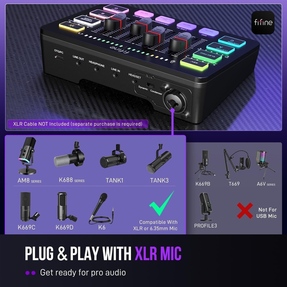 Gaming Audio Mixer, Streaming RGB PC Mixer with XLR Microphone ...