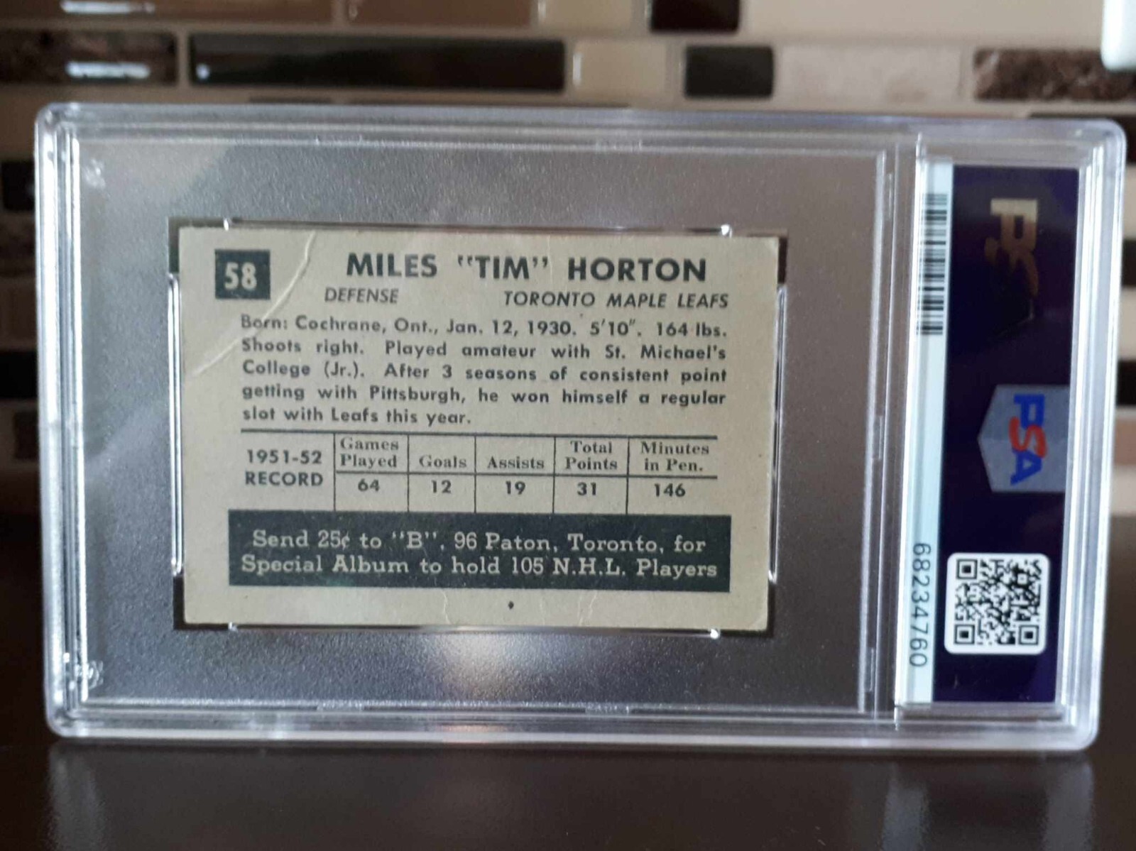 1952 Parkhurst Tim Horton Rookie Card #59 PSA 3 VG Classic Card! | eBay