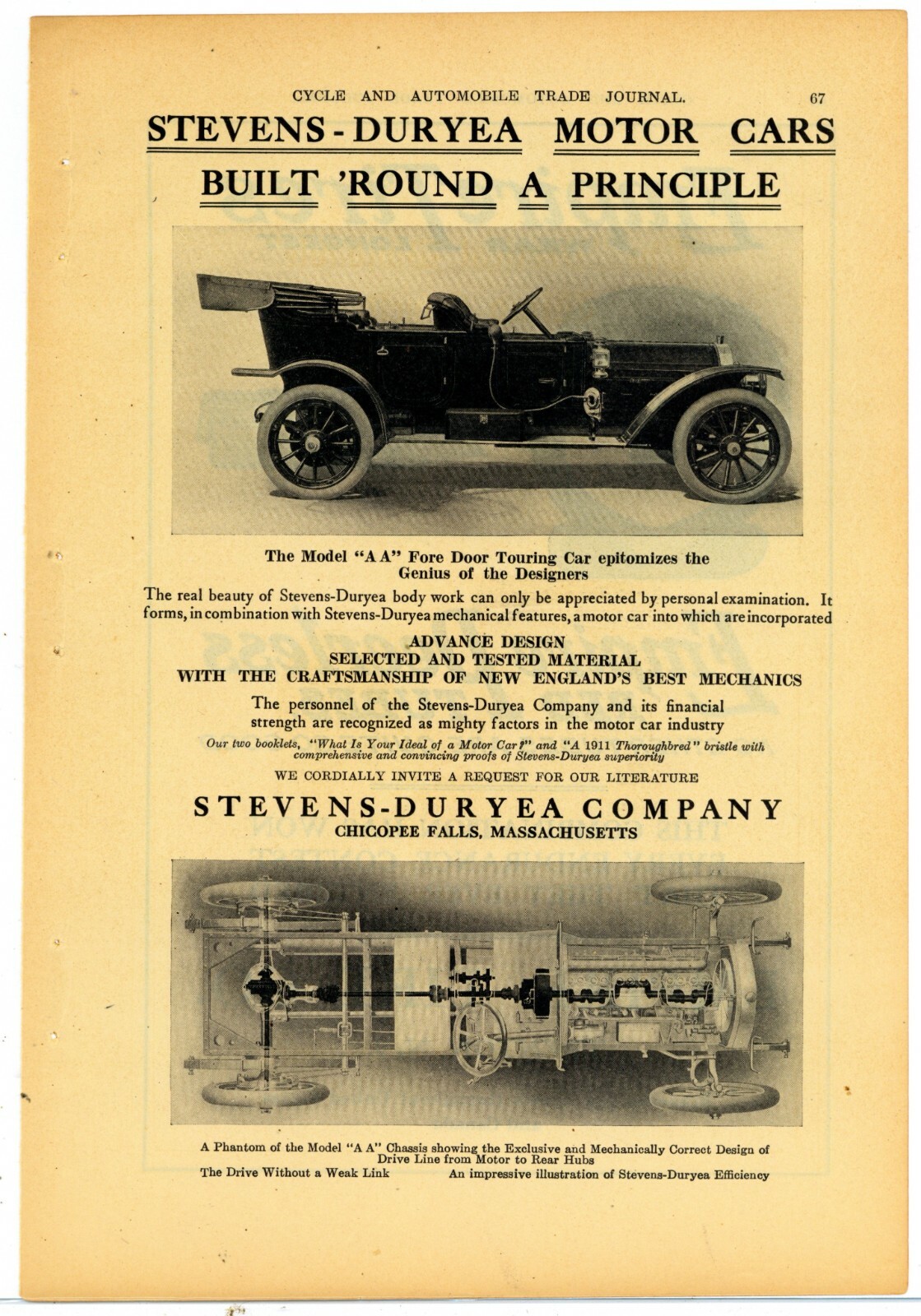 1911 Stevens Duryea Motor Car Ad: Model AA w/ Phantom Cutaway Chicopee ...