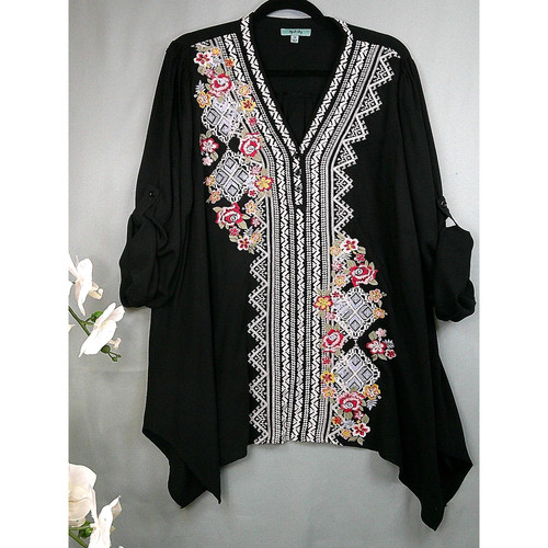 April Sky BOHO Chic Black Floral Embroidered Blouse/Top-Women's 1X | eBay