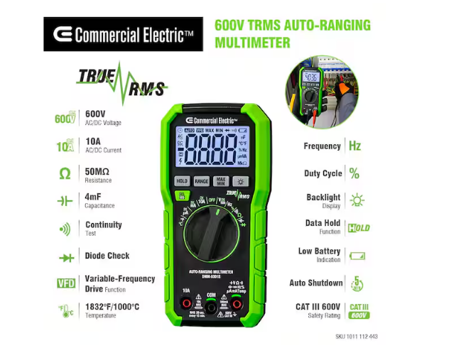 Commercial Electric 600V True RMS Auto Ranging Digital Multimeter W ...