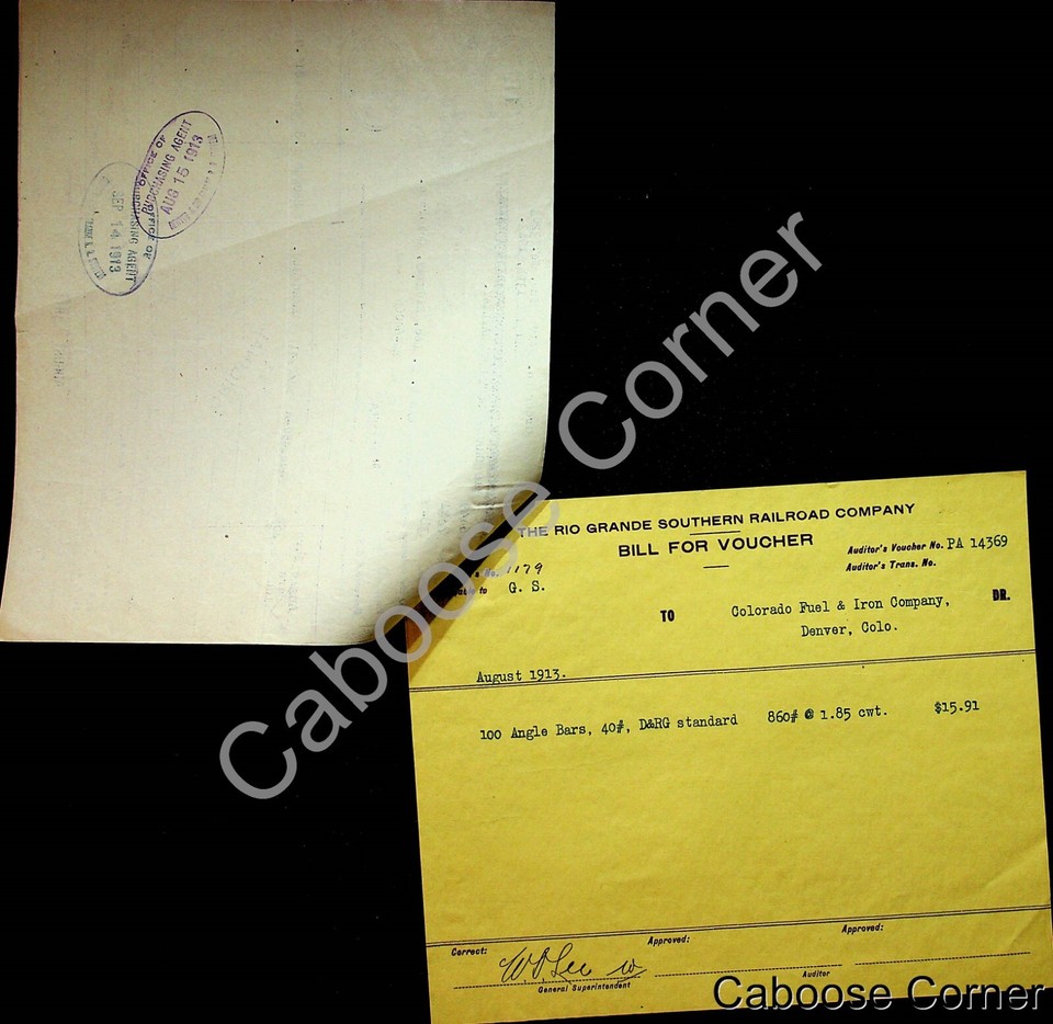 RGS Rio Grande Southern Railroad Form 2732 & Bill For Voucher August 13 ...