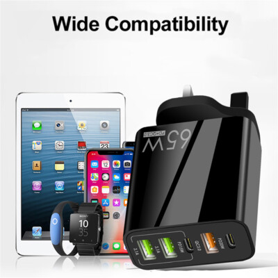 Quick Charger 65W UK Plug Fast Wall Power Adapter Multi-port USB-C PD ...