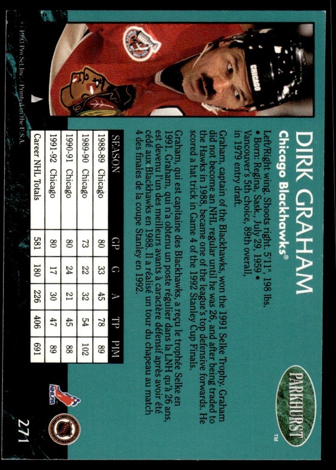 1992-93 Parkhurst Dirk Graham Chicago Blackhawks #271 | eBay
