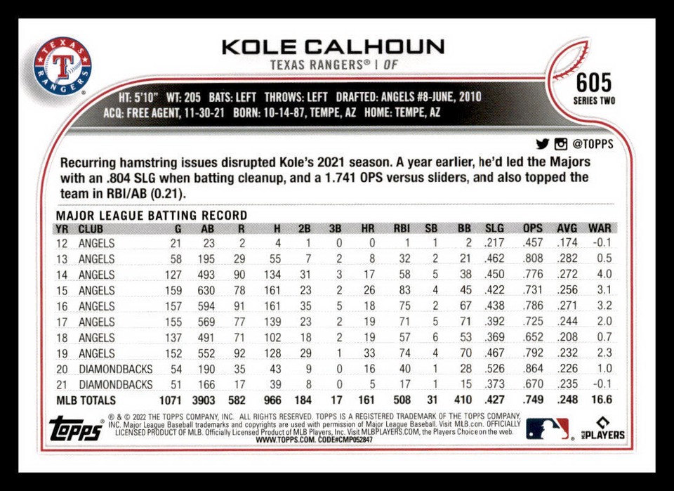 2022 Topps Kole Calhoun #605 Texas Rangers GOLD STAR | eBay