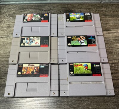 6 Super Nintendo Game lot SNES Sports Clue SKins Game Golf Madden NFL ...