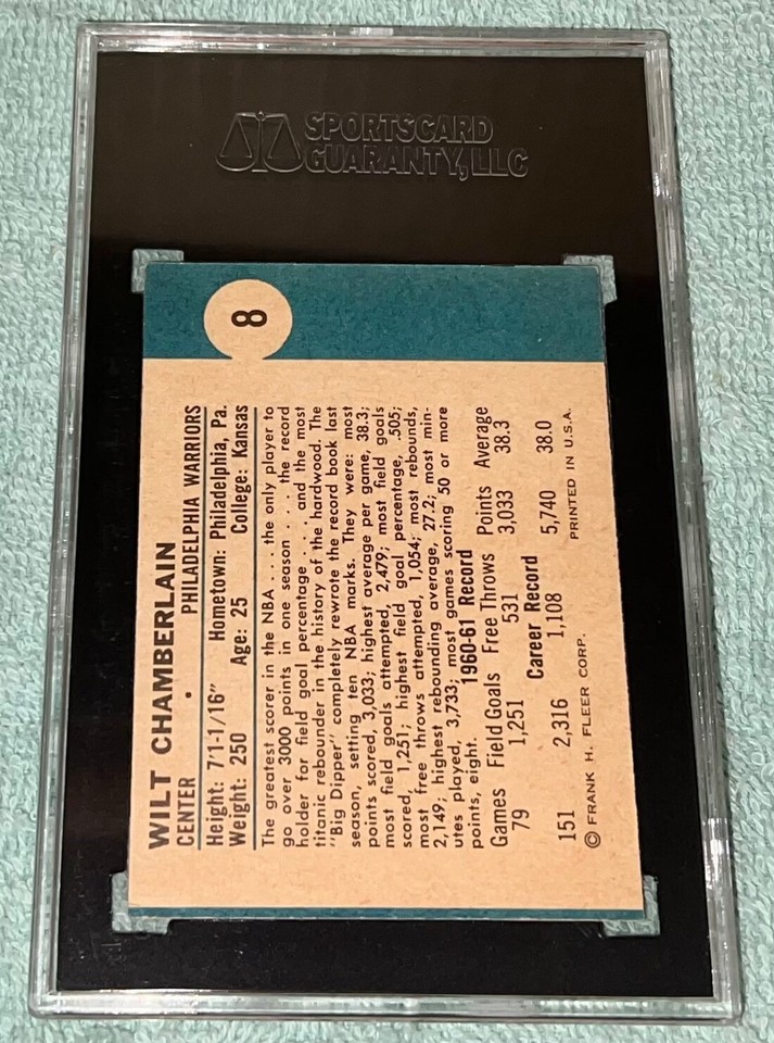 1961 Fleer Wilt Chamberlain #8 "Rookie Card" ~ SGC-40 (VG-3) “Nice ...