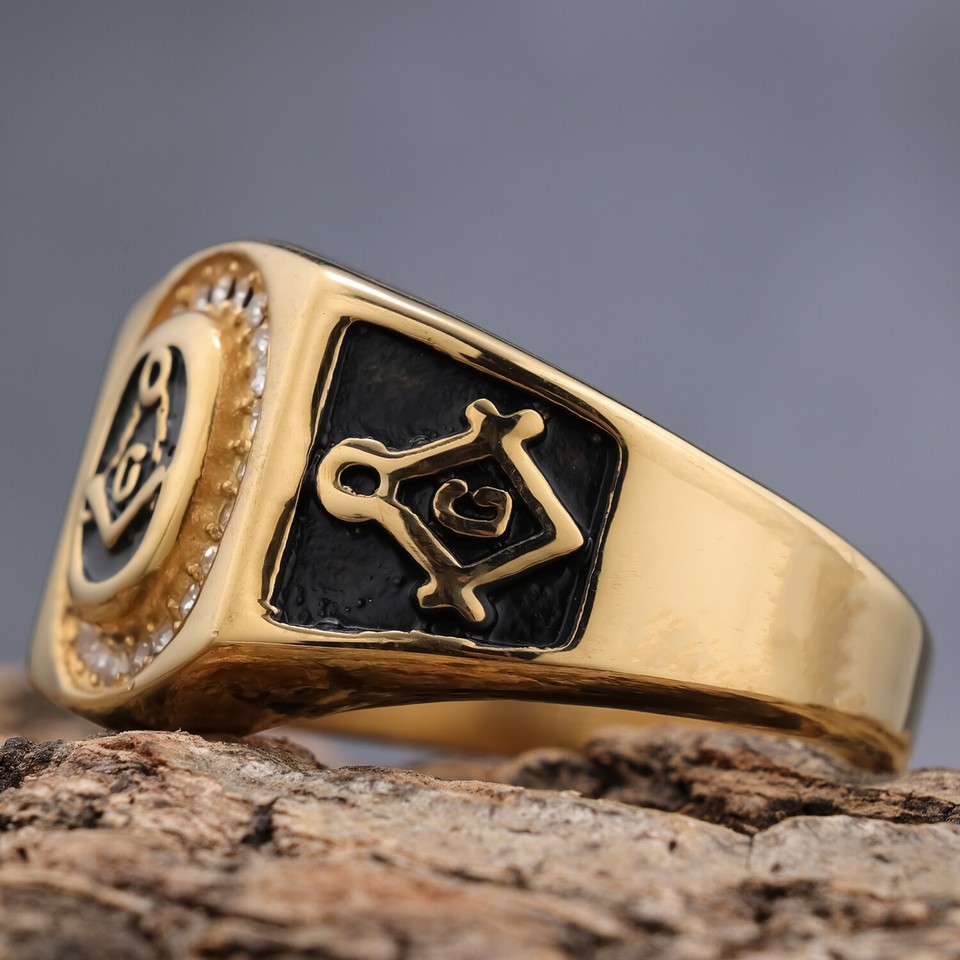 Masonic Lodge Ring Freemason Accepted Men Stainless Gold G Square 7-14 ...