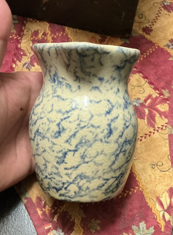 Small Roseville Blue Spongeware Pitcher Stoneware Pitcher Unmarked 4 3/ ...