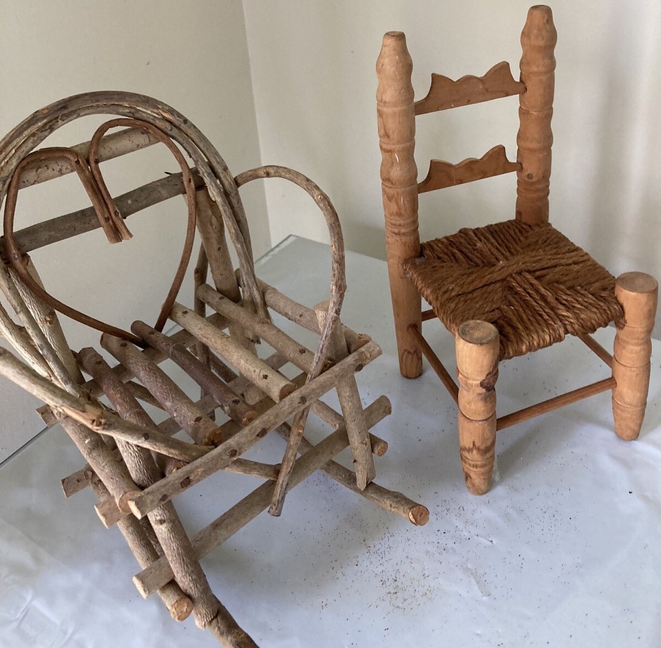 2 Vtg Doll Toy Chairs Rustic Bent Willow Wood Rocking Chair & Straight ...