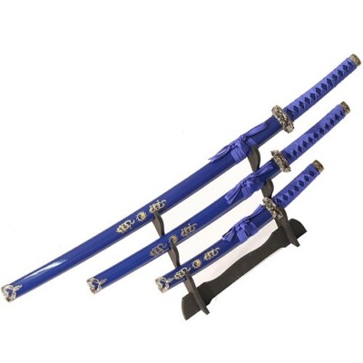 3 Pcs Blue Samurai Japanese Swords Set w/ Stand "Perfect Gift for Dad ...