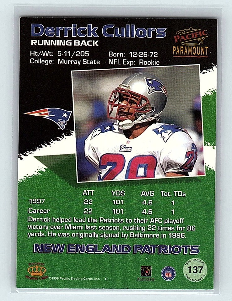 1998 Pacific Paramount Derrick Cullors New England Patriots #137 | eBay