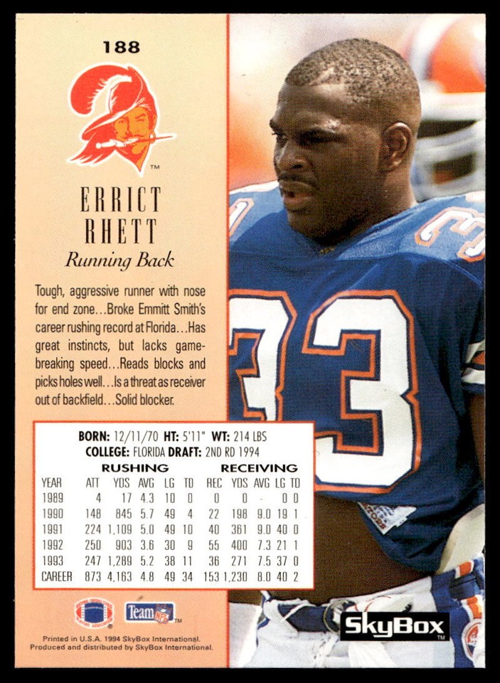 1994 SkyBox Premium 188 Errict Rhett Tampa Bay Buccaneers RC Football ...