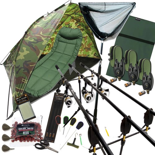 Carp fishing Set Up 3 Rods Reels Alarms Bedchair 42" Net Bait Bivvy ...