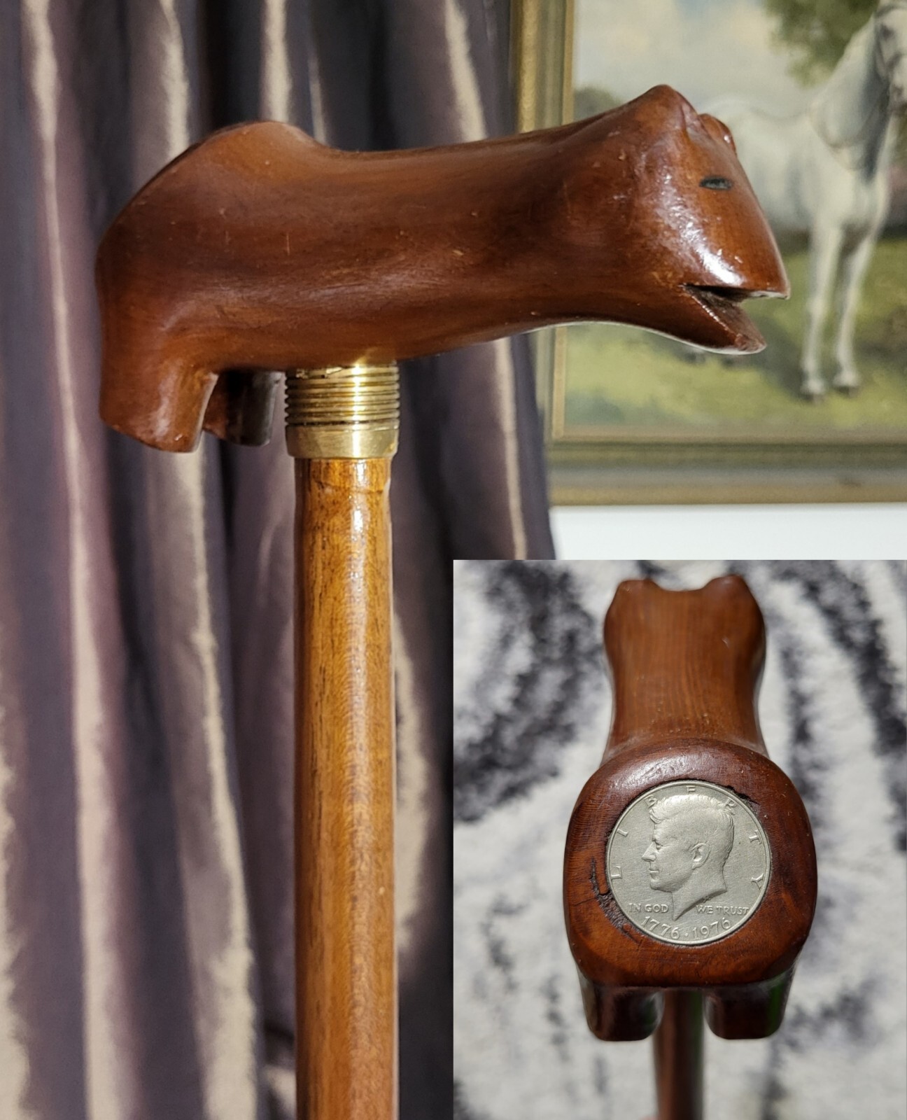 Wooden Carved Bear Frog 1976 Half Dollar Coin Wood Brass Walking Stick ...