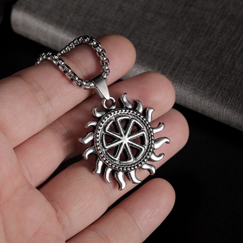 Men Silver Slavic Kolovrat Sun Wheel Pendant Necklace Chain Norse ...
