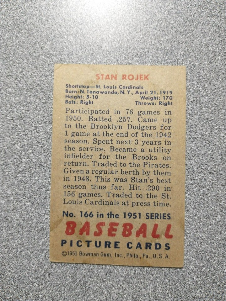1951 BOWMAN #166 STAN ROJEK CARDINALS SIGNED AUTOGRAPHED CARD - FREE ...
