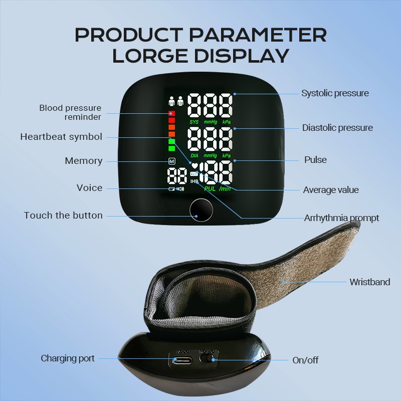 LED Blood Pressure Monitor Wrist Rechargeable Voice Broadcast Heart ...