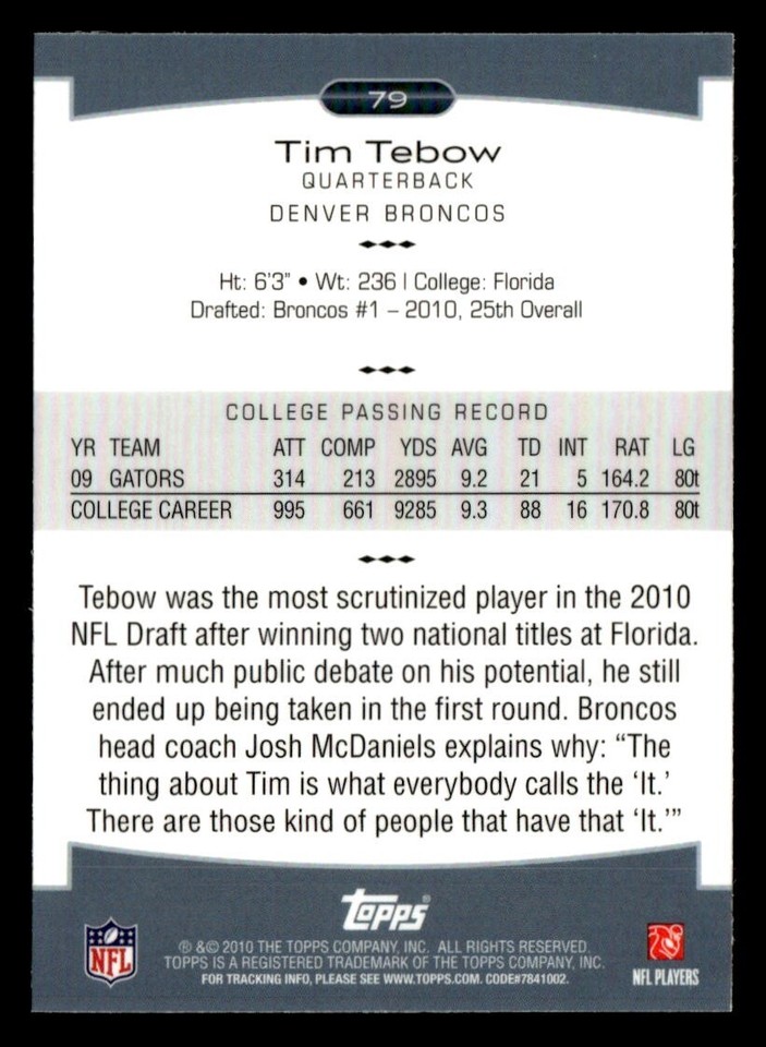 2010 Topps Platinum Tim Tebow Rookie Card RC #79 Broncos | eBay